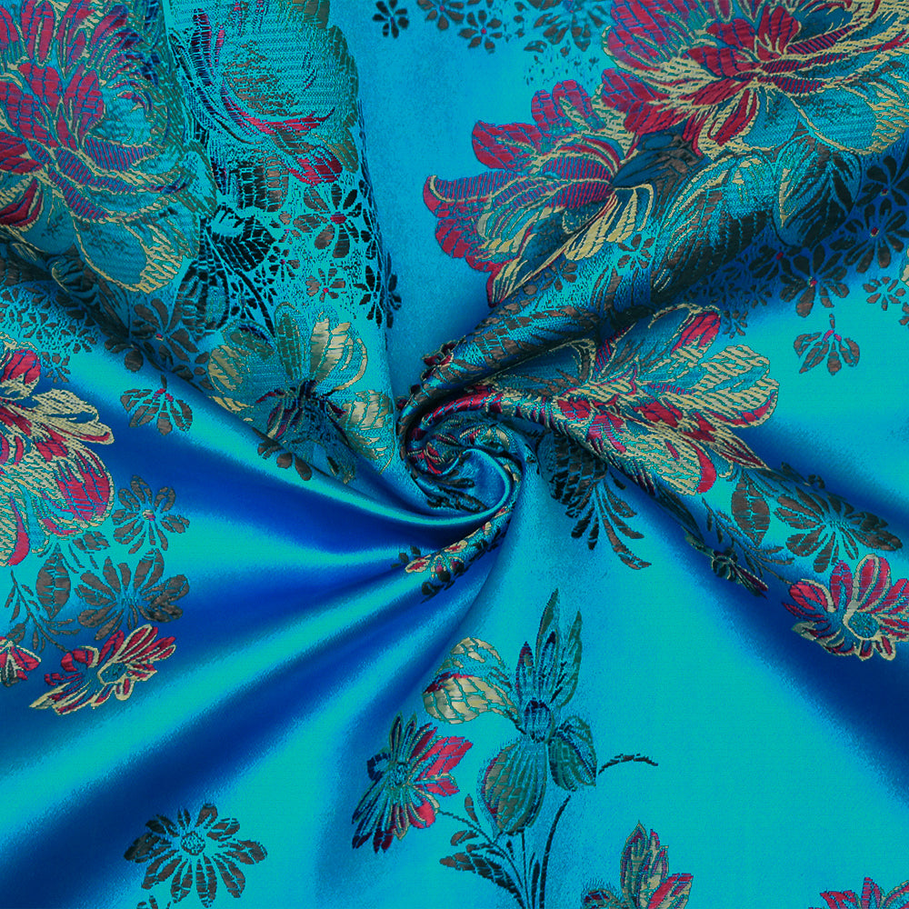 Blue-Brown-Multi Polyester Floral Chinese Brocade Woven Fabric ...